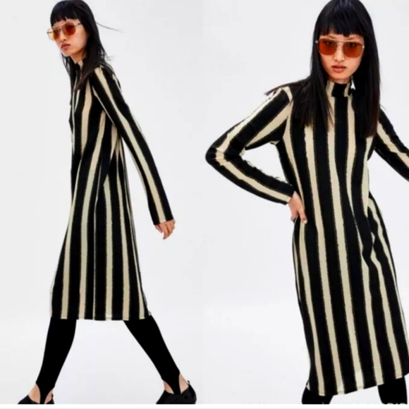 Zara | Dresses | Zara Trafaluc Womens Dress Sheath Gold Black Vertical ...